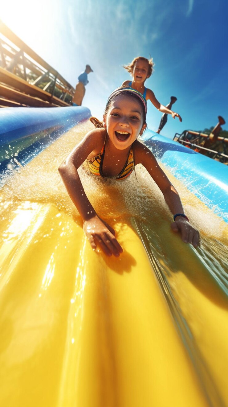 Premium Ai Image A Girl Slides Down A Water Slide With A Man In The