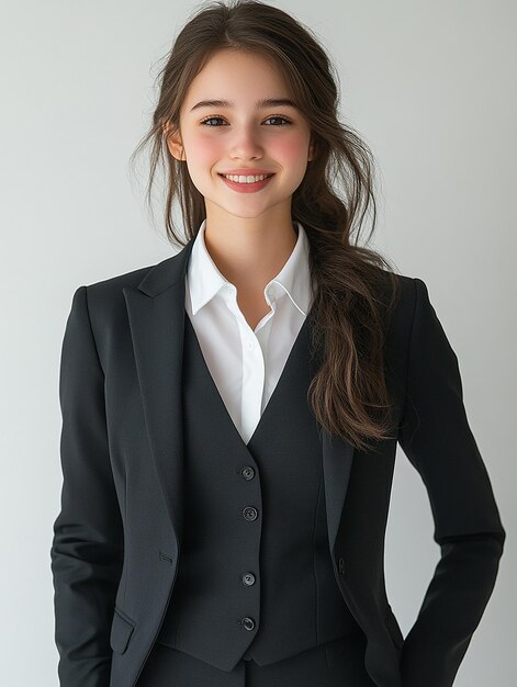 A Girl In A Suit With A Smile On Her Face Premium Ai Generated Image