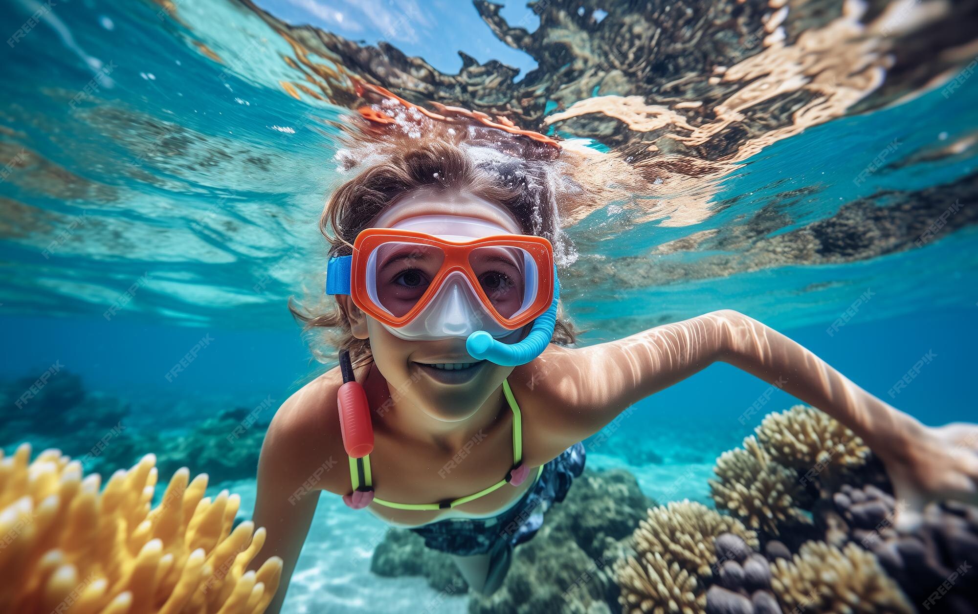 A Girl Swimming Underwater Wearing Goggles And Swimming In A Coral Reef Premium Ai Generated Image