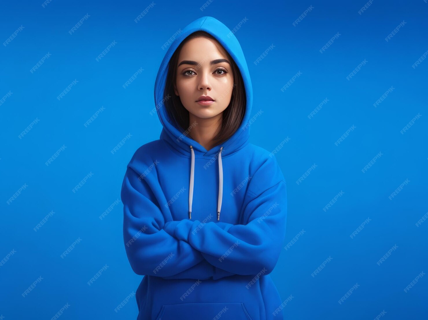 Premium Photo A Girl Wearing A Blue Hoodie On A Blue Background
