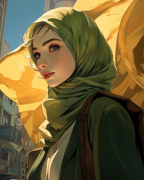 Premium Photo A Girl Wearing A Hijab On A Street In The Style Of Cartooninspired Pop