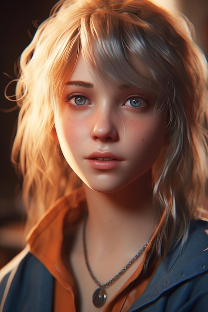 Premium Ai Image A Girl With Blonde Hair And Blue Eyes Looks At The