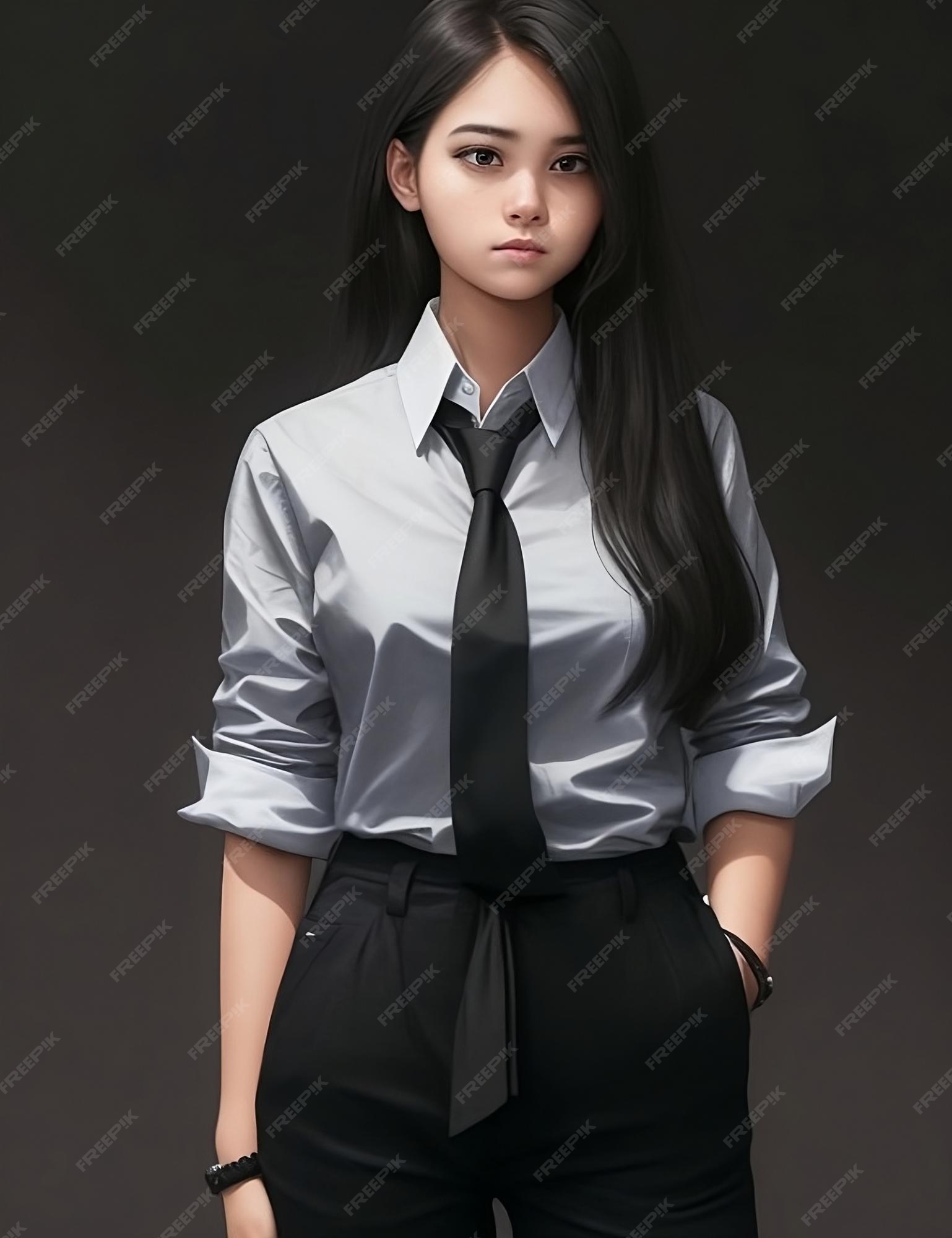 Premium AI Image | A girl with long black hair and a tie that says she ... Premium AI Image | A girl with long black hair and a tie that says she ...
