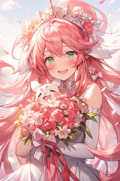Premium Photo A Girl With Long Pink Hair Holding A Bouquet Of Flowers Generative Ai Image