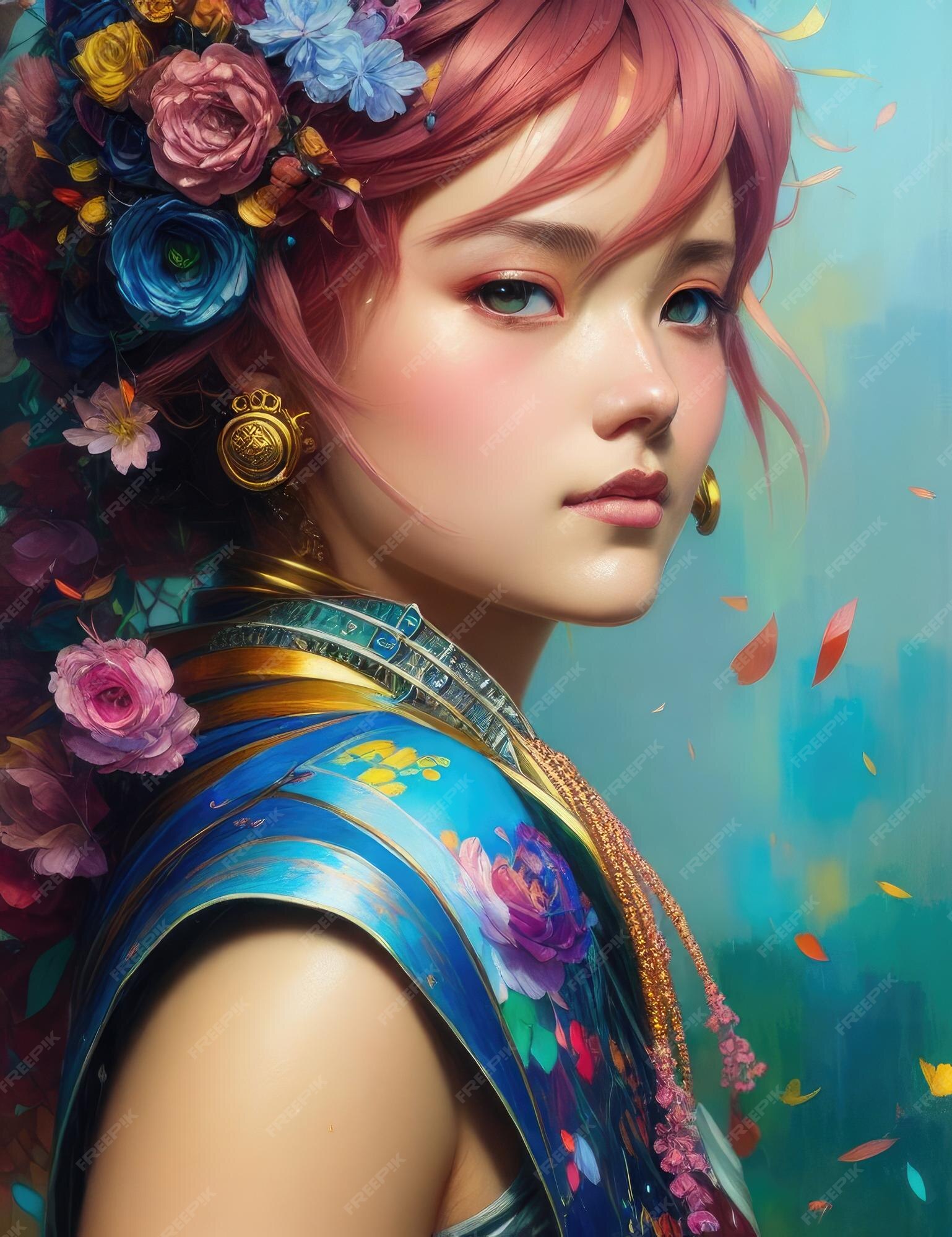 Premium Ai Image A Girl With Pink Hair And Blue Eyes Looks At The Camera