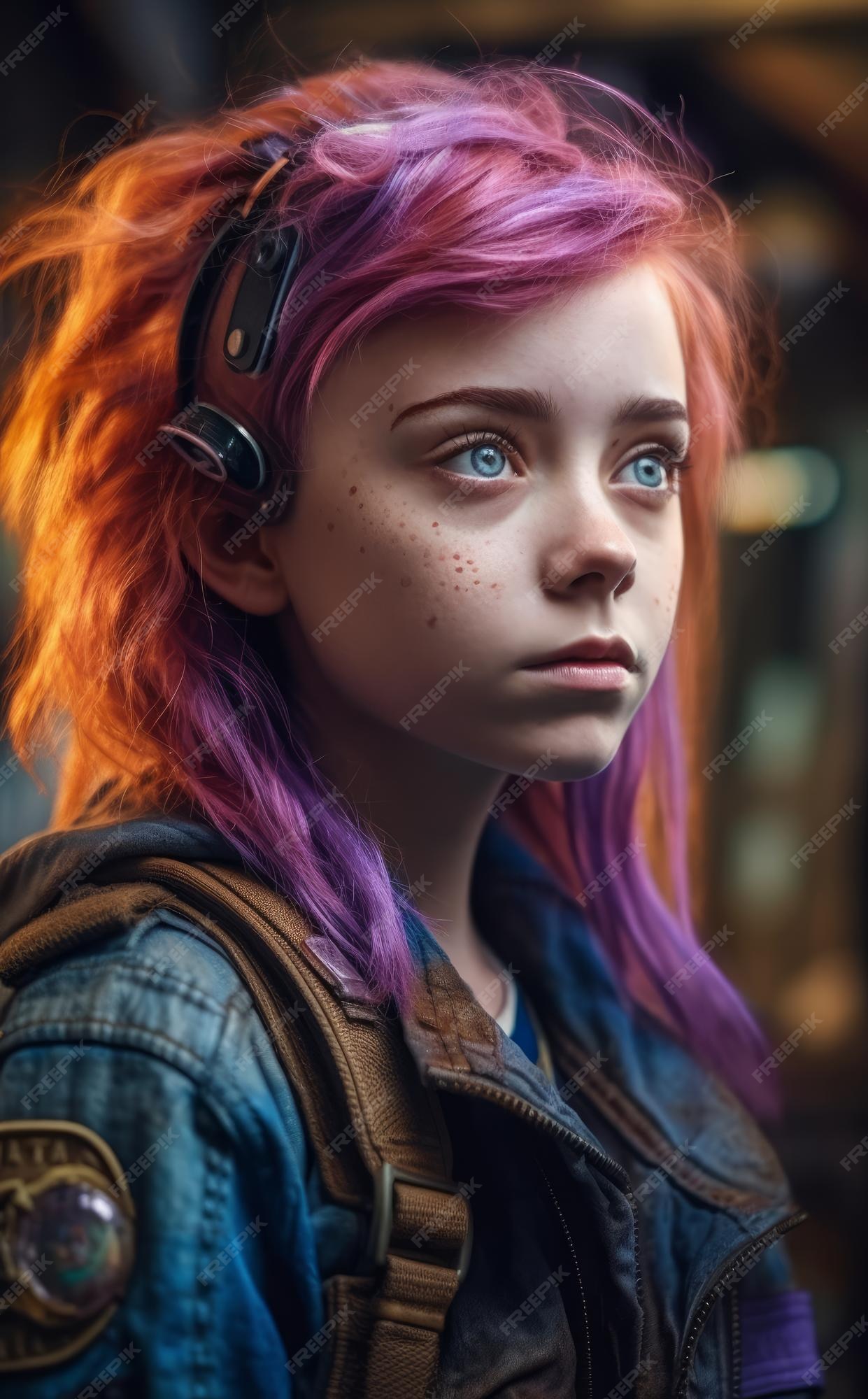 Premium Ai Image A Girl With Pink Hair And Blue Eyes Looks Into The Camera