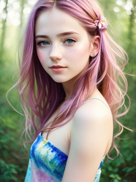 Premium Photo A Girl With Pink Hair And A Flower In Her Hair