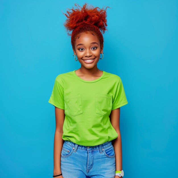 A Girl With Red Hair Wearing A Green Shirt That Says Shes Wearing A