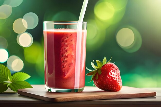 A Glass Of Strawberry Juice With A Straw In The Background Premium Ai Generated Image