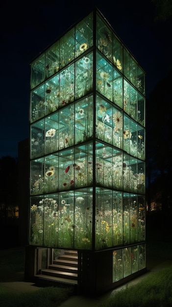 Premium Ai Image A Glass Tower With A Green Glass Structure With Flowers Inside