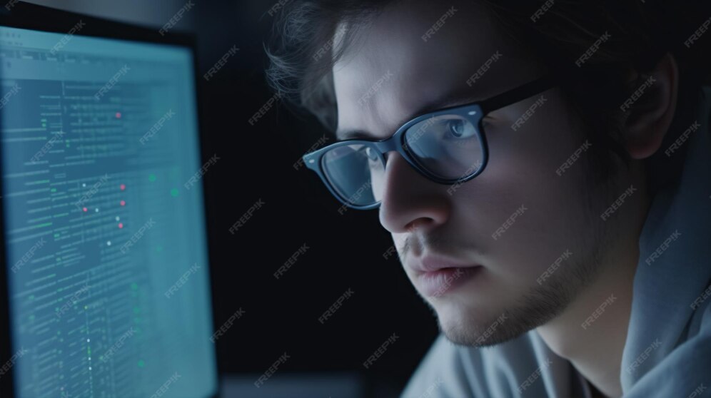 Premium Ai Image A Glasseswearing Coder Intently Develops Software Reflecting On Programming