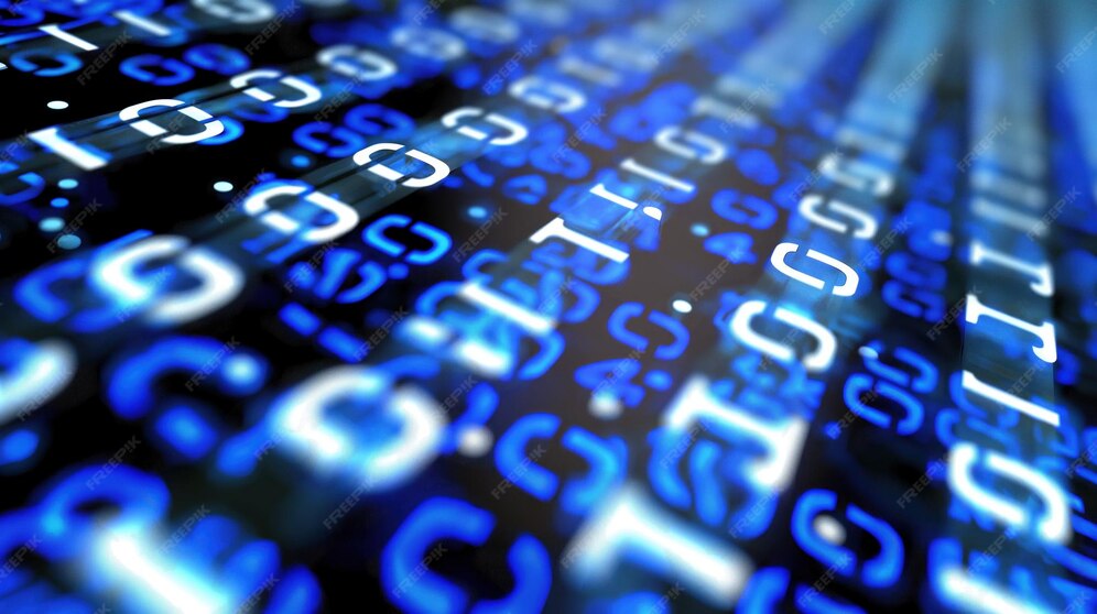 Glowing blue binary code streams across a dark digital background creating a captivating visual ...