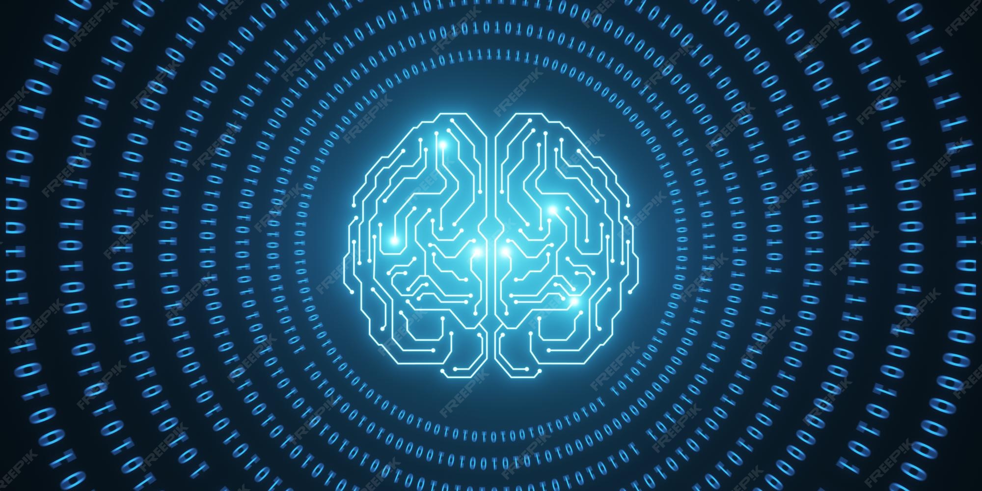 Premium Photo | Glowing brain hologram with binary coding on blue background programming machine ...