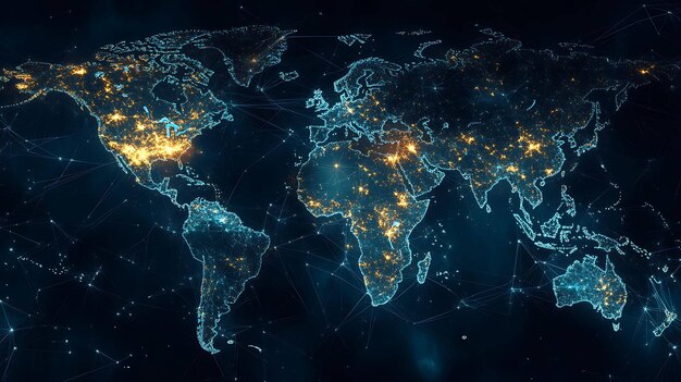A glowing digital world map with glowing lines connecting continents ... A glowing digital world map with glowing lines connecting continents ...