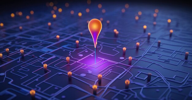 A Glowing Geolocation Marker On A Map Of A Nighttime City Premium Ai Generated Image
