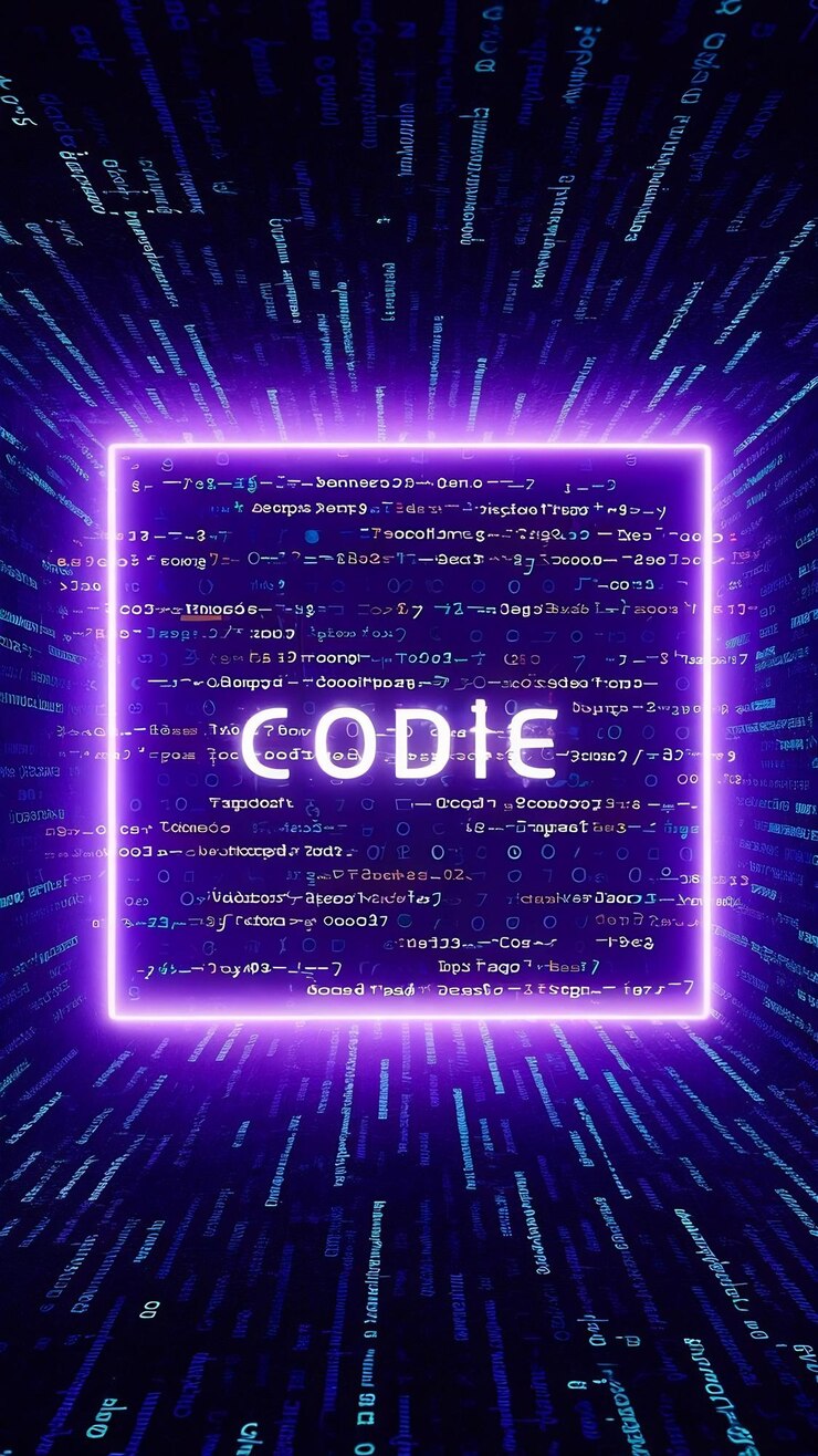 Glowing purple coding programming background with square mock up frame ...