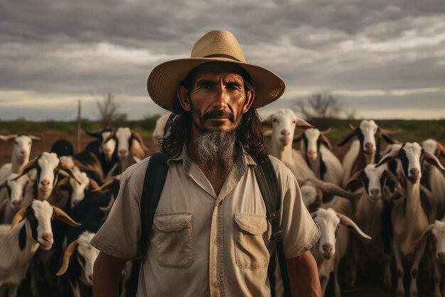 Premium AI Image | Goats farm worker latino man standing near his herd Premium AI Image | Goats farm worker latino man standing near his herd