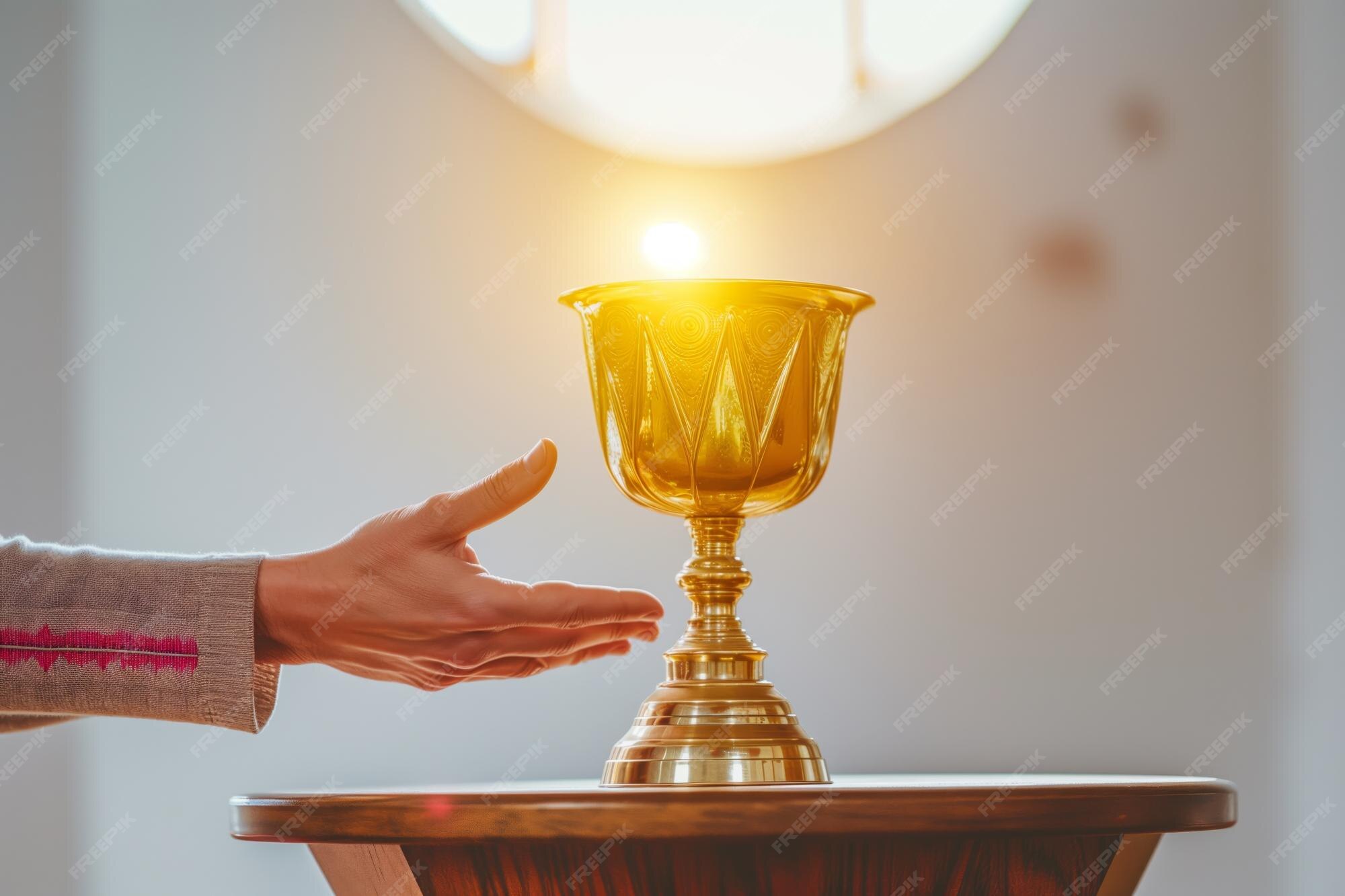 Premium Photo Golden Cup On A Podium Hand Reaching To Grab It