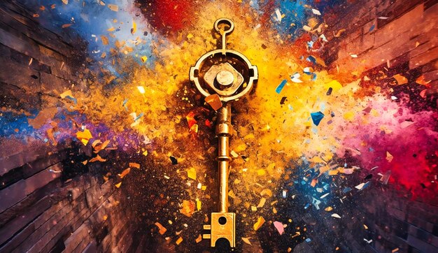 Premium AI Image | An golden key surrounded by colorful particles Premium AI Image | An golden key surrounded by colorful particles