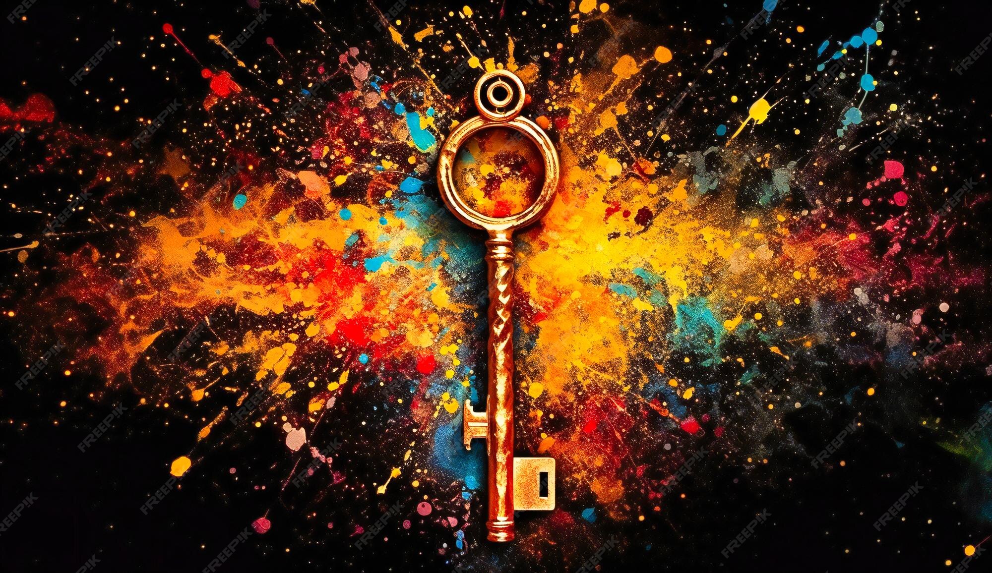Premium AI Image | An golden key surrounded by colorful particles Premium AI Image | An golden key surrounded by colorful particles