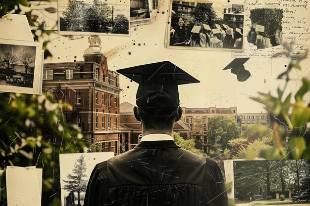 Graduated man in academic attire posing in front of nostalgic photo ... Graduated man in academic attire posing in front of nostalgic photo ...