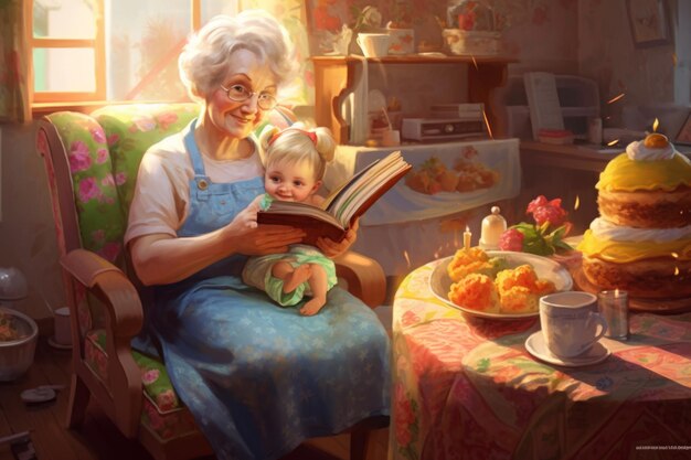 Premium AI Image | Grandmother reads a book to her grandchild in her ... Premium AI Image | Grandmother reads a book to her grandchild in her ...