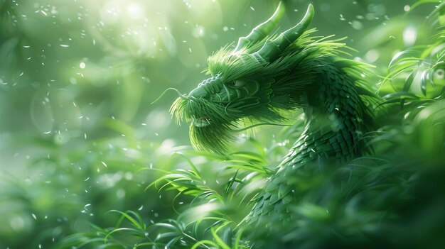A Green Dragon With Long Horns Is Surrounded By Grasscloseup Of 3d Dragon Boat Made Of Bamboo