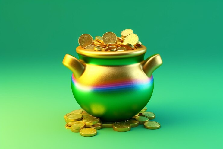 Premium Photo | A green and gold pot full of gold coins sits on a green ... Premium Photo | A green and gold pot full of gold coins sits on a green ...