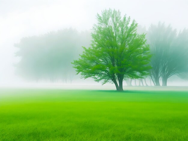 Premium Ai Image Green Grass Field With Trees And Fog