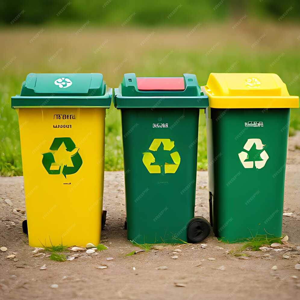 Premium Photo A Green And Yellow Recycling Bin With A Red Button That Says Recycle