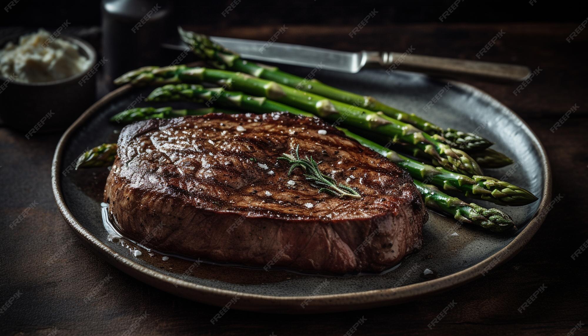 Premium Photo | Grilled steak and asparagus on rustic plate generated by AI Premium Photo | Grilled steak and asparagus on rustic plate generated by AI