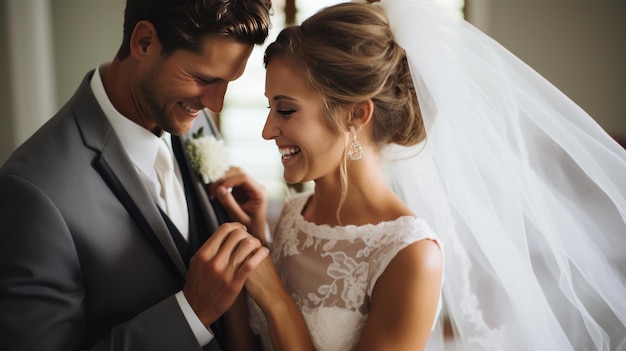 Premium Ai Image A Groom Helping His Bride Adjust Her Veil Before