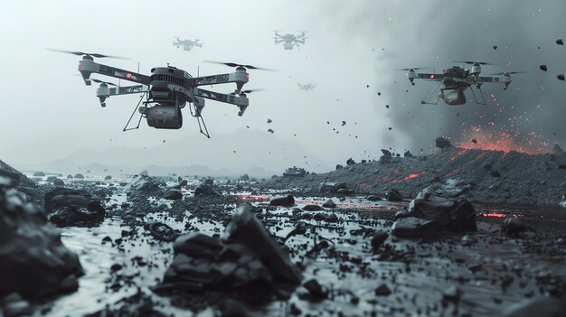 A group of drones fly over a volcanic landscape The drones are all ... A group of drones fly over a volcanic landscape The drones are all ...