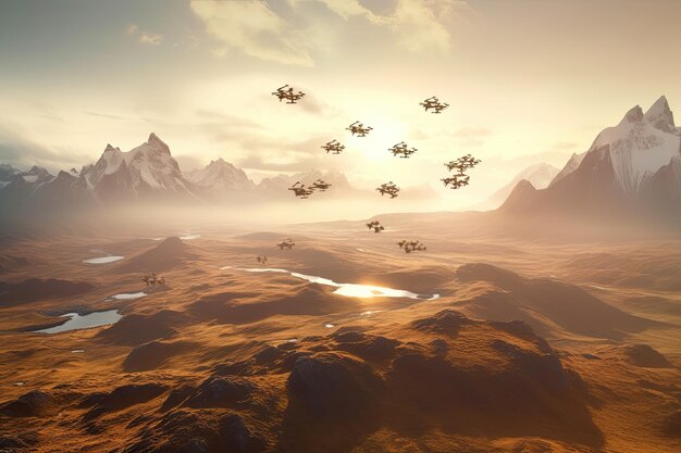 Premium AI Image | A group of drones flying over a desert Premium AI Image | A group of drones flying over a desert