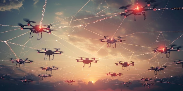 Premium Photo | A group of drones flying in the sky at sunset The ... Premium Photo | A group of drones flying in the sky at sunset The ...