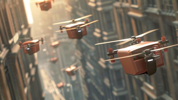 Premium Photo | Group of Orange Drones Flying Over a City Premium Photo | Group of Orange Drones Flying Over a City