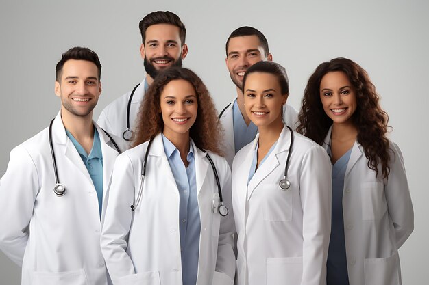 Group of smiling multicultural doctors in white coats and stethoscopes ... Group of smiling multicultural doctors in white coats and stethoscopes ...