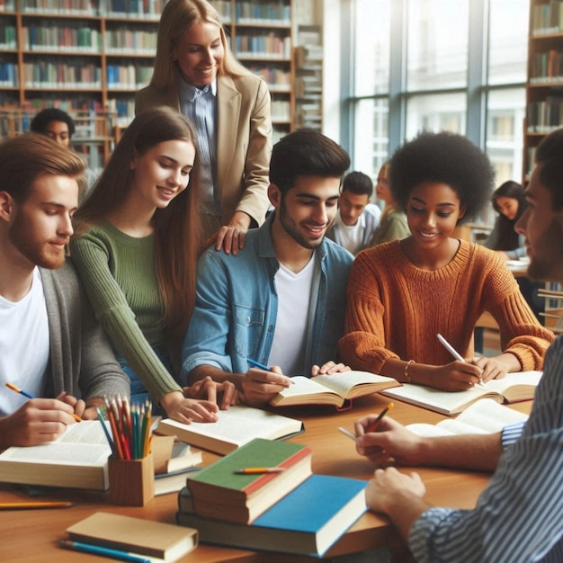 A group of students are sitting around a table with books and books ... A group of students are sitting around a table with books and books ...