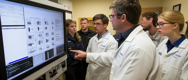 A group of students wearing lab coats discussing a computer screen ... A group of students wearing lab coats discussing a computer screen ...