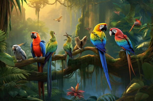 Premium Photo | A group of vibrant birds perched on a tree branch ... Premium Photo | A group of vibrant birds perched on a tree branch ...