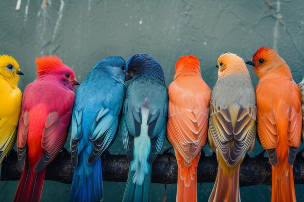 A group of vibrant birds sitting on top of a metal bar | Premium AI ... A group of vibrant birds sitting on top of a metal bar | Premium AI ...