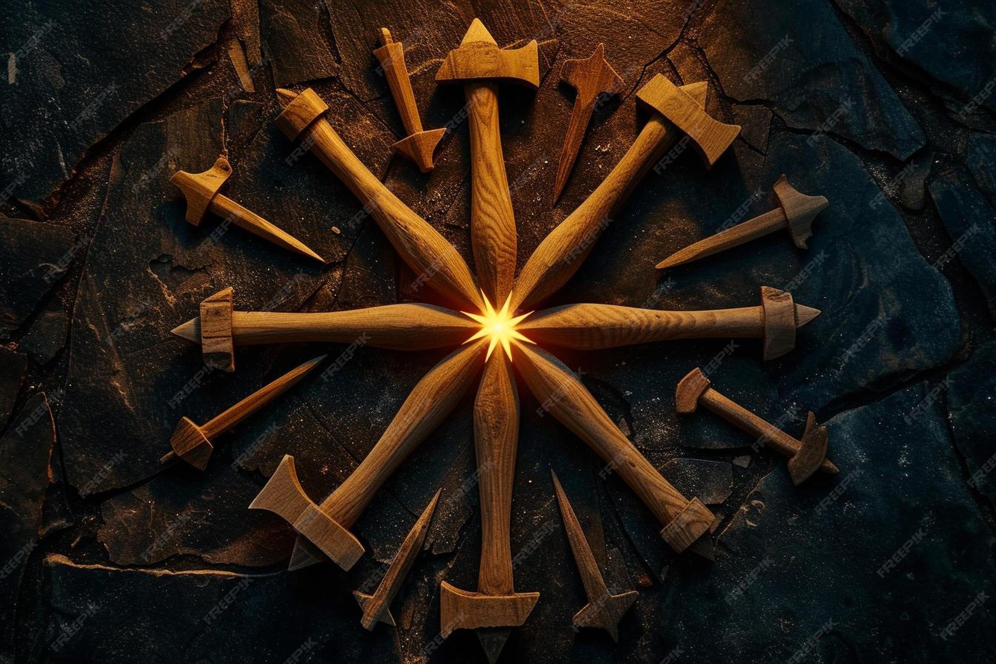 Premium Photo | A group of wooden axes arranged in a circle Premium Photo | A group of wooden axes arranged in a circle