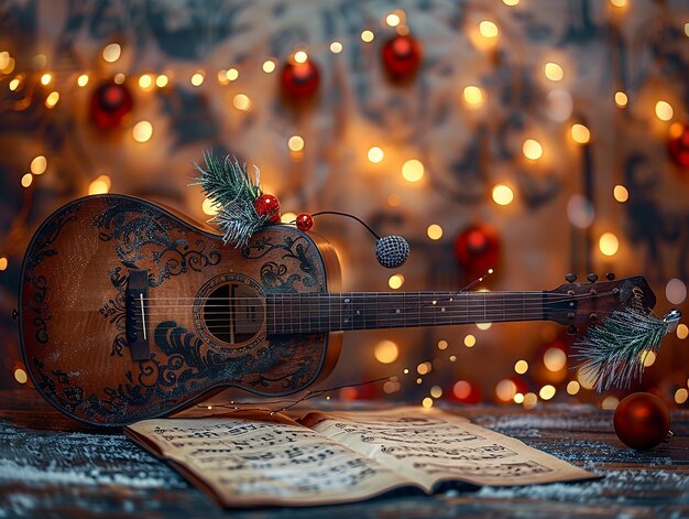 Guitar Against Christmas Music Notes Background Premium AI generated image