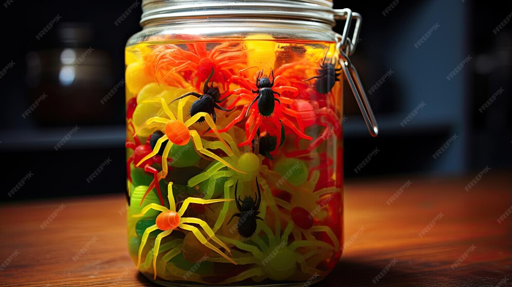Premium AI Image | Gummy worms and spiders in a jar Premium AI Image | Gummy worms and spiders in a jar