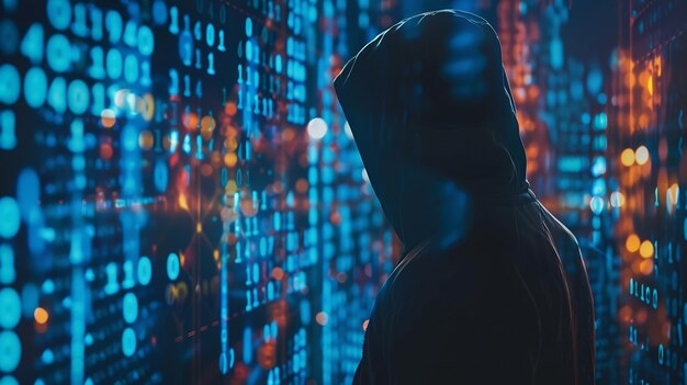 Hacker Over Abstract Digital Background With Elements Of Binary Code 2077