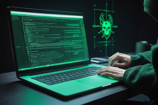 Hacker Code In Laptop Cyber Security Privacy Or Hack Threat Coder Or Programmer Writing Virus