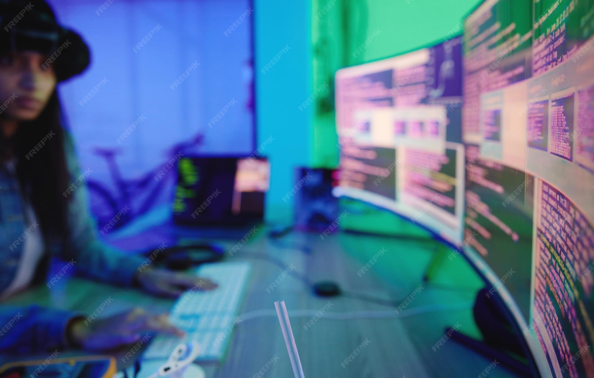 Premium Photo | Hacker computer screen or neon coding on cybersecurity ...