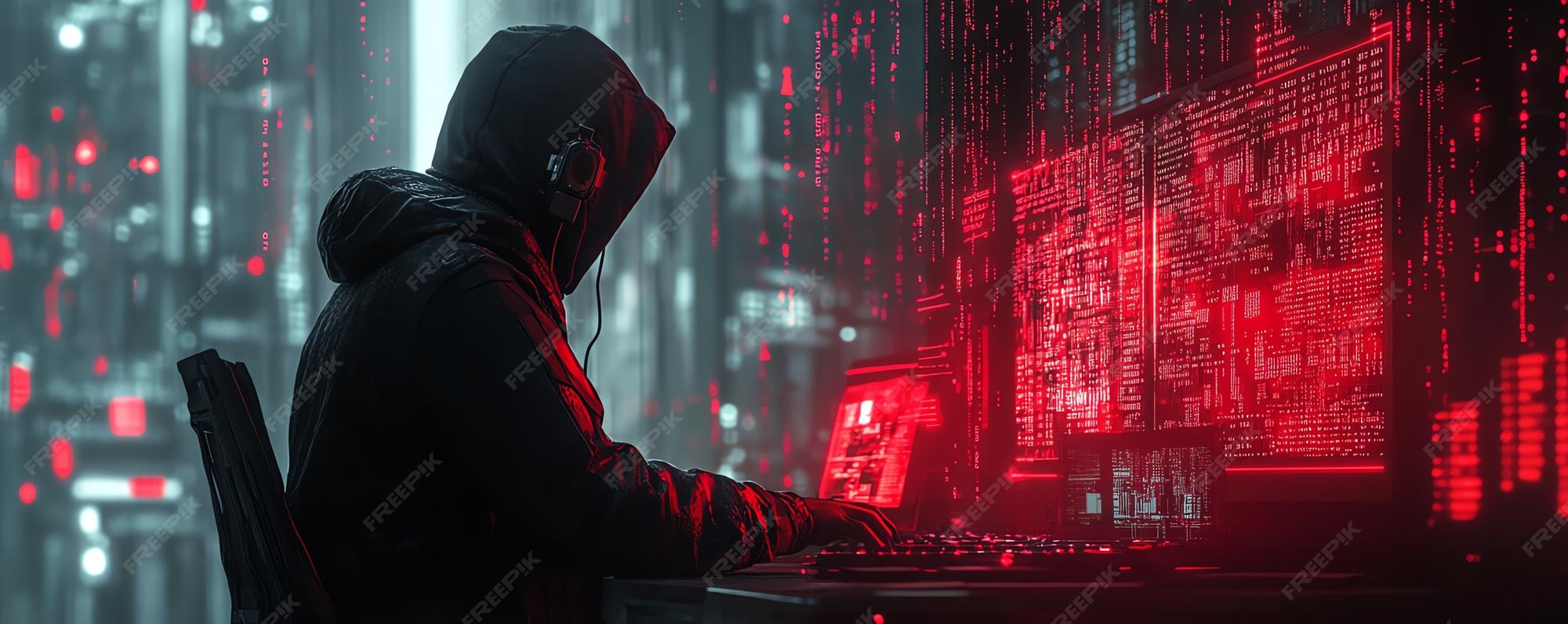 Hacker on computer screen red data flow dark futuristic setting ...