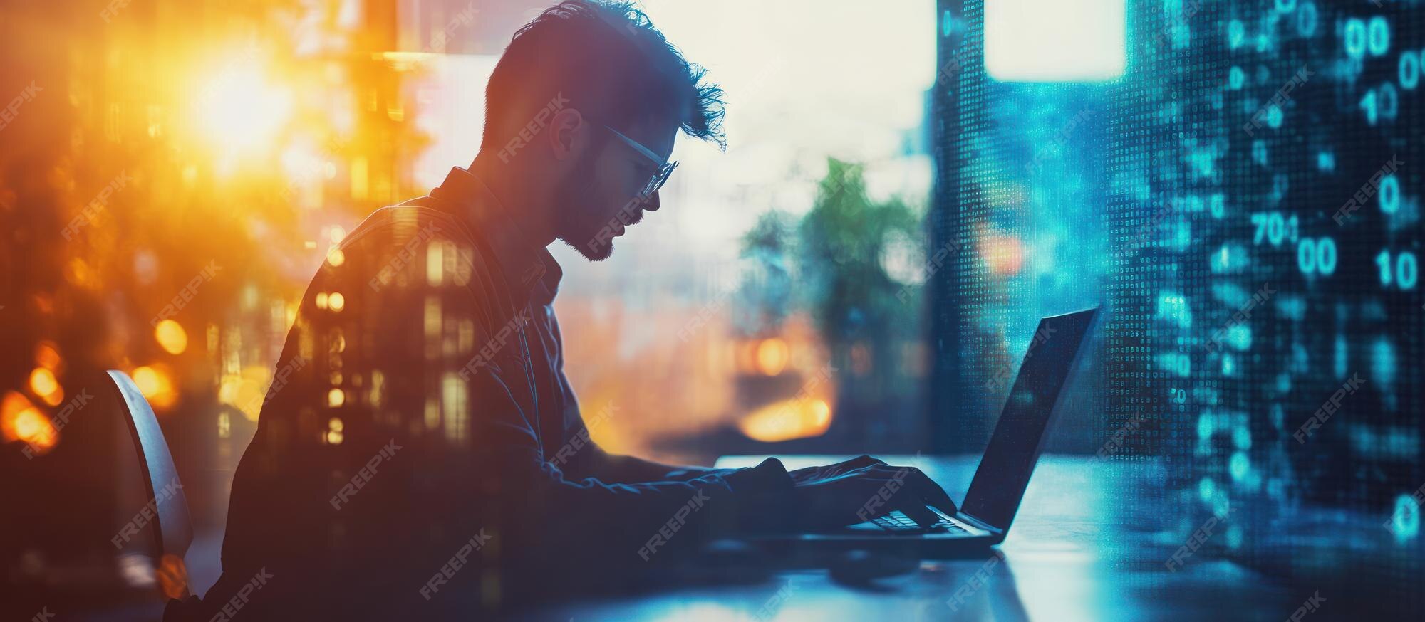 Hacker at desk using laptop with creative digital binary code dots hologram Digital data hacking ...