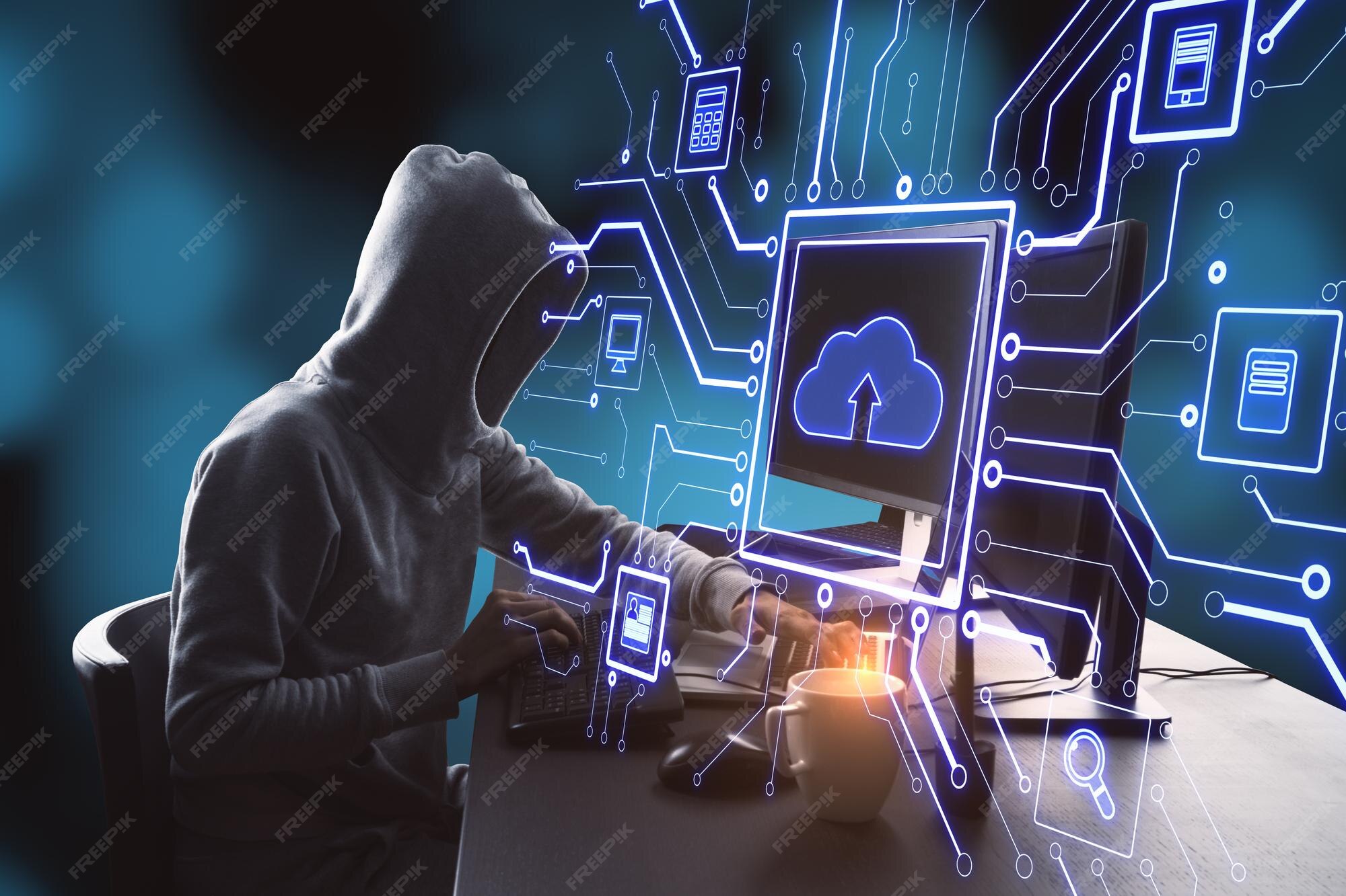 Premium Photo | Hacker at desktop using computers with abstract glowing circuit cloud computing ...